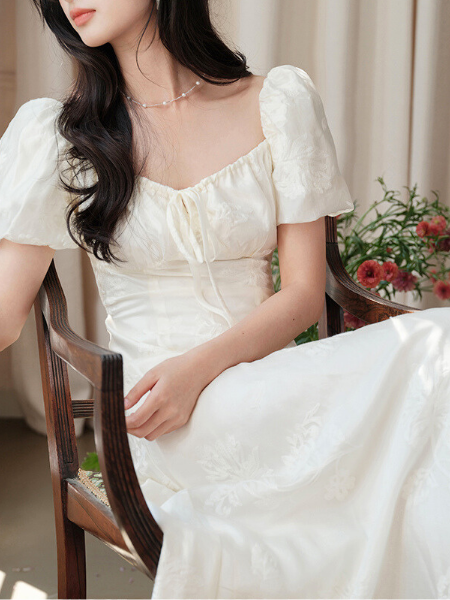 puff sleeve square neck ribbon dress – Areumdaum