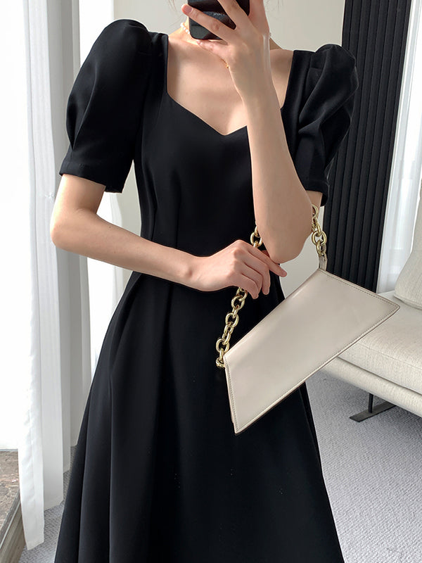 square neck back cross black long dress – Areumdaum