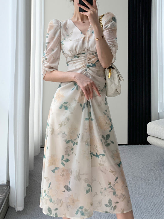 flower v neck chiffon one piece – Areumdaum